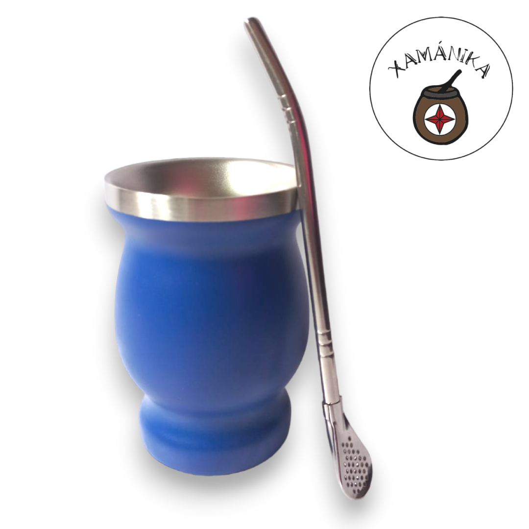 mate azul A acero inox sin tapa con bombilla plateada desarmable - Xamánika